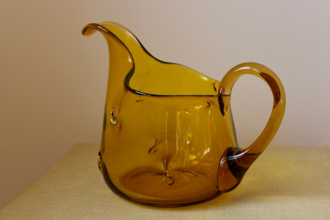 Mid Century Modern Hand Blown Amber Glass Pitcher, Very Unique, MCM ...