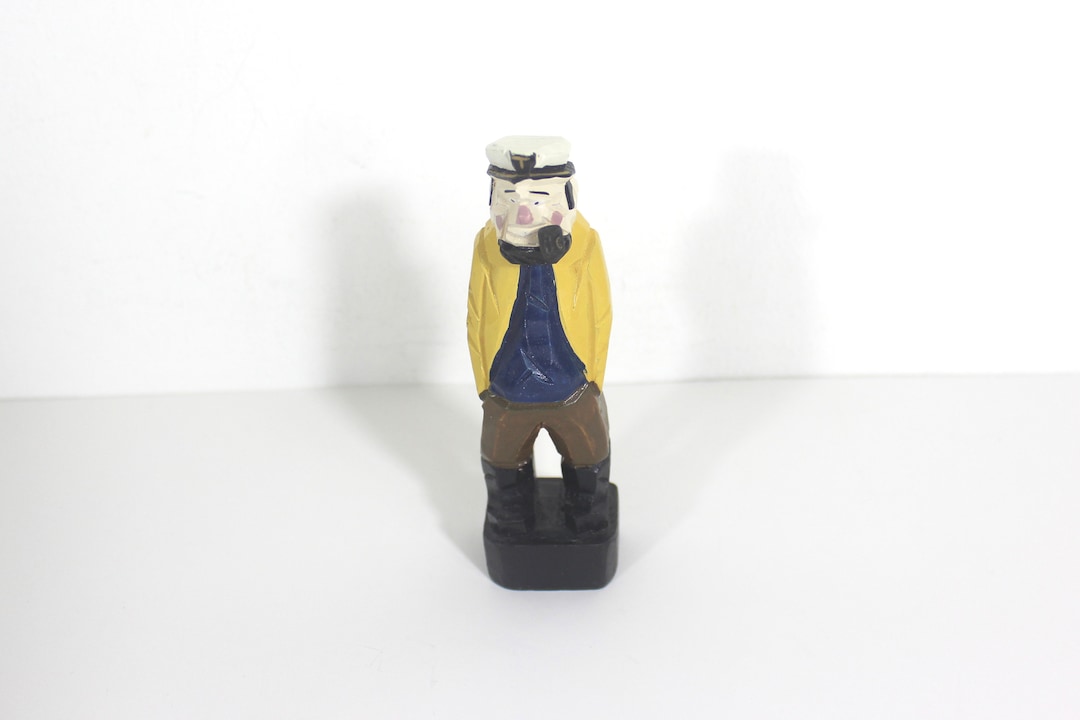 Vintage Hand Carved Wood Captain Fisherman, Canadian Folk Art, Yellow ...