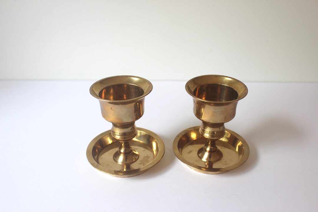 Short Brass Candle Holders, Pair of Small Candleholders, Patina ...