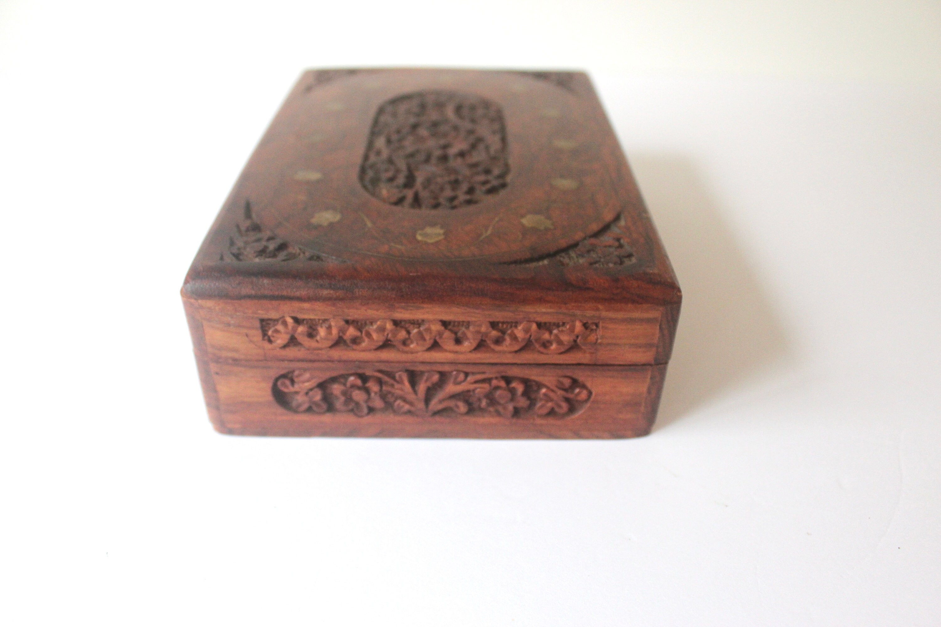Vintage Carved Wood Box Brass Inlay Indian Style Lidded - Etsy