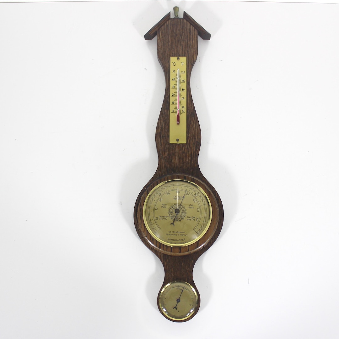 Vintage French Barometer for on the Wall, Made of Wood, Brass and Glass ...