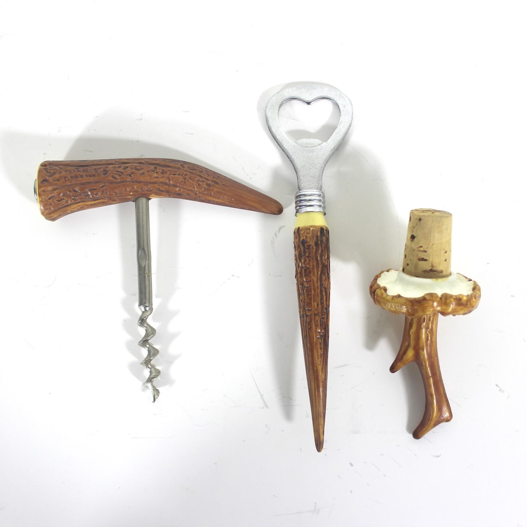 Vintage Faux Antler Bar Tool Set Bar Cart Styling 3 Piece Opener Cork ...