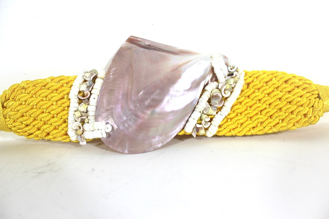 80’s Seashell Mother of Pearl Sea Shell Belt One Size Yellow Satin Rope ...