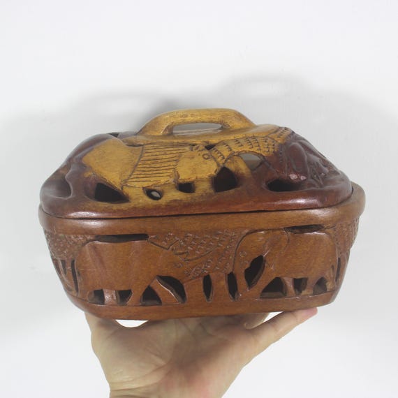 Vintage Carved Wood Box with Lid, Hand Carved African… - Gem