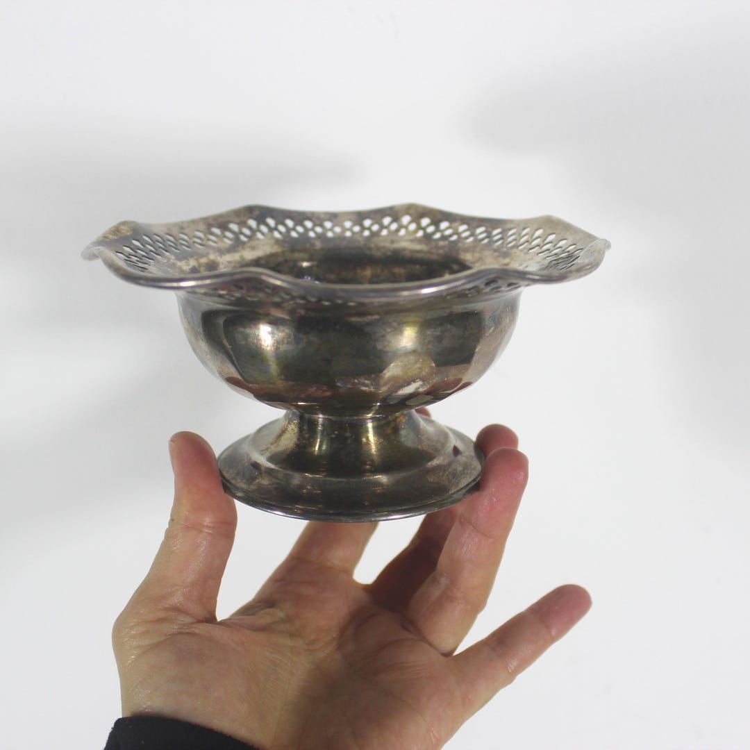 Small Silver Plated Pedestal Bowl, Pierced and Ruffled Edge Small ...