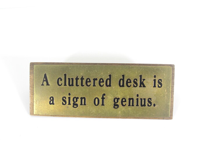 1950’s - 60’s Brass and Wood Triangular Prism Desk Sign A Cluttered ...