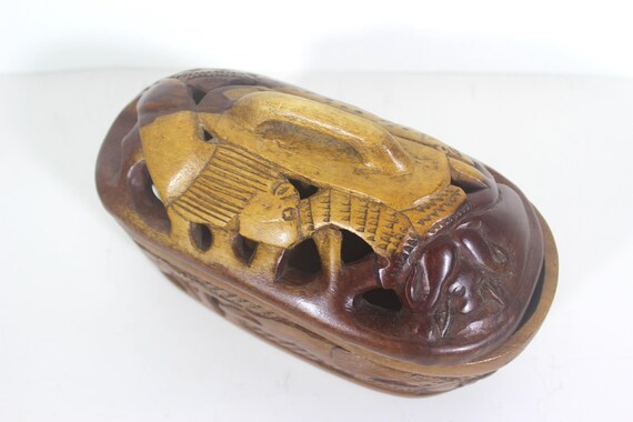 Vintage Carved Wood Box with Lid, Hand Carved African… - Gem