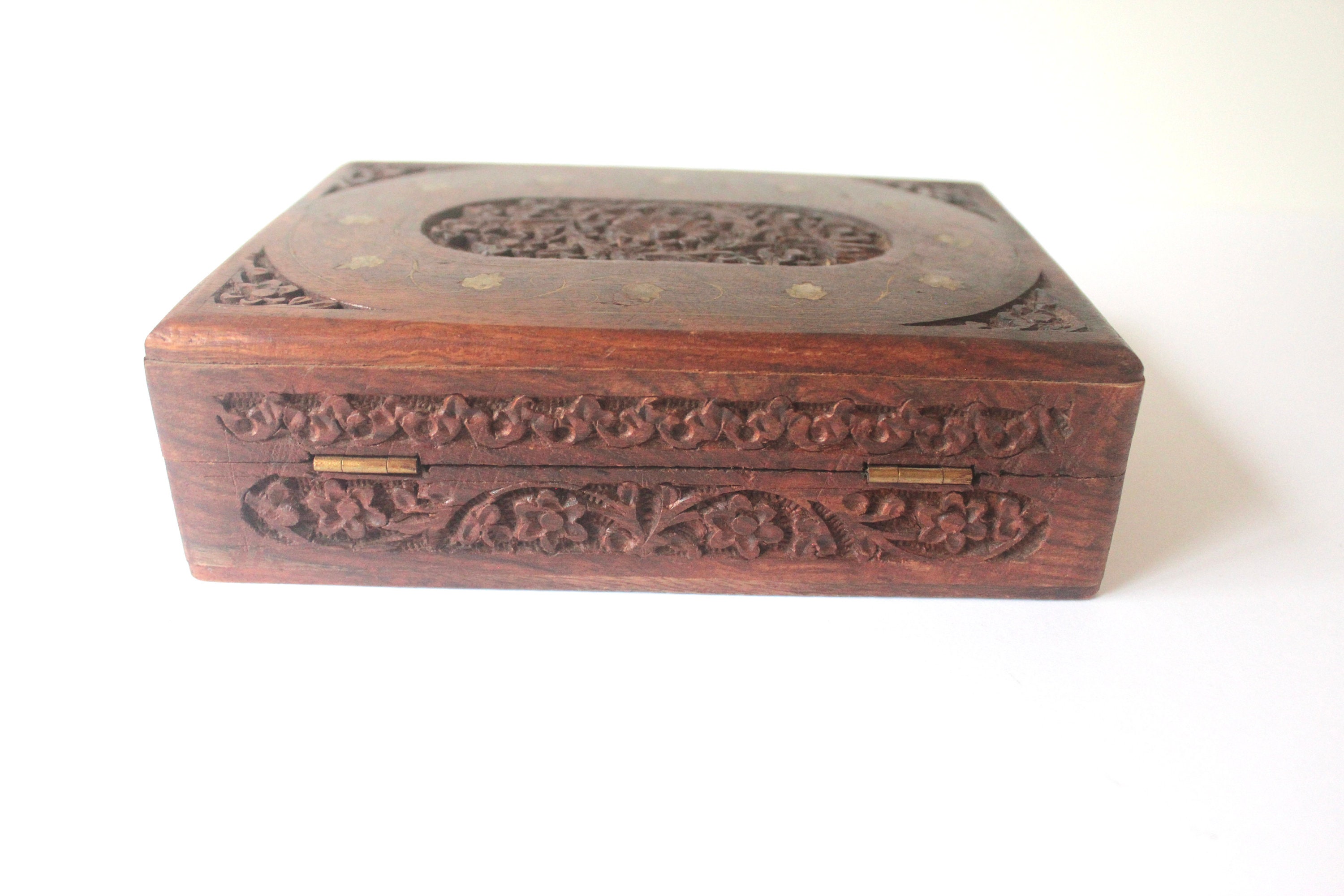 Vintage Carved Wood Box Brass Inlay Indian Style Lidded - Etsy
