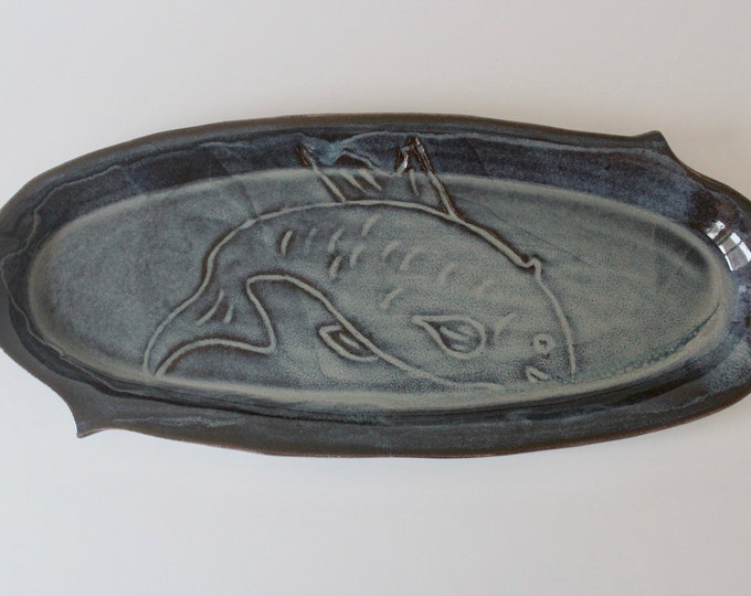 Large Vintage Pottery Fish Platter, Big Blue Plate for Serving Fish ...
