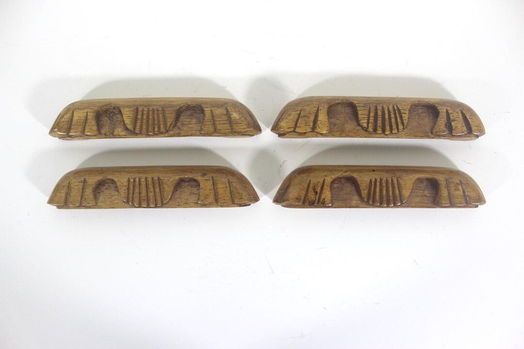 Set of 4 Carved Oak Wood Drawer Pulls Handles Hardware Vintage Mid ...