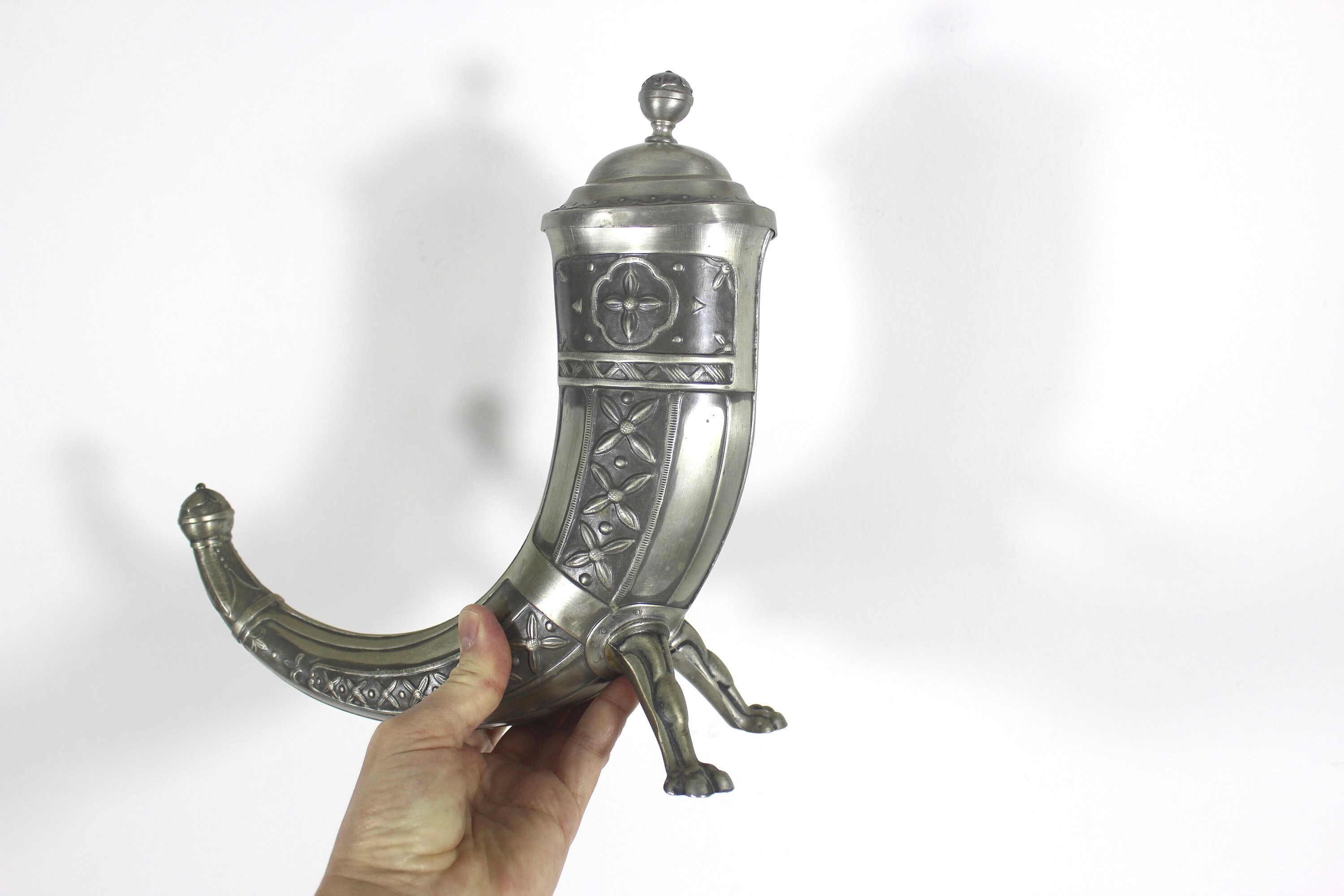 Large 1950’s Norwegian Viking Pewter Drinking Horn With Legs Feet Lid ...