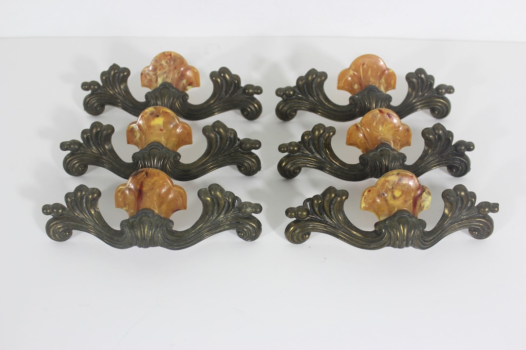 Set of 6 Art Nouveau Drawer Pulls Handles Bakelite and Brass Finish Art ...