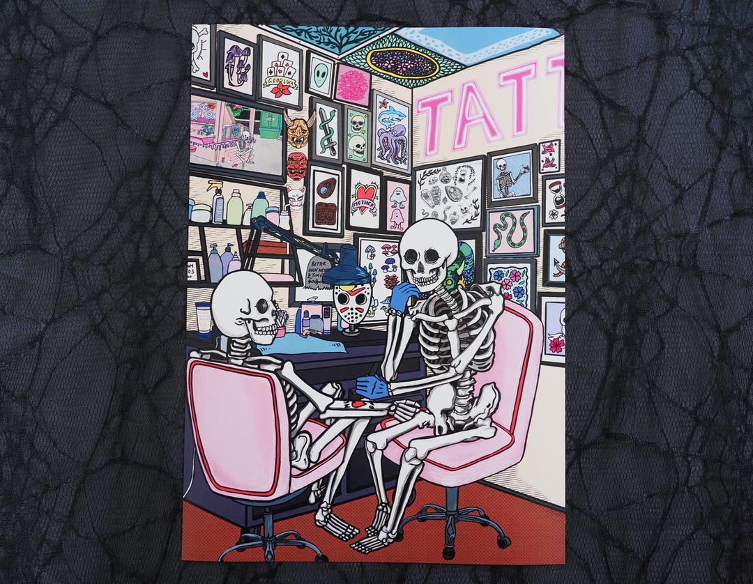 Skeletons in a Tattoo Parlour - A4 Art Print - Traditional Tattoo ...