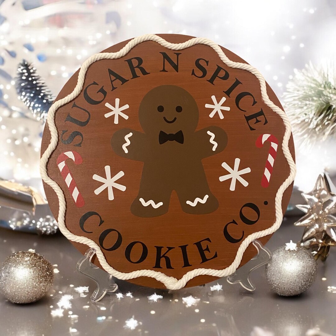 Christmas 12” Round Wood Sign Gingerbread Theme With Stand Decor Table ...