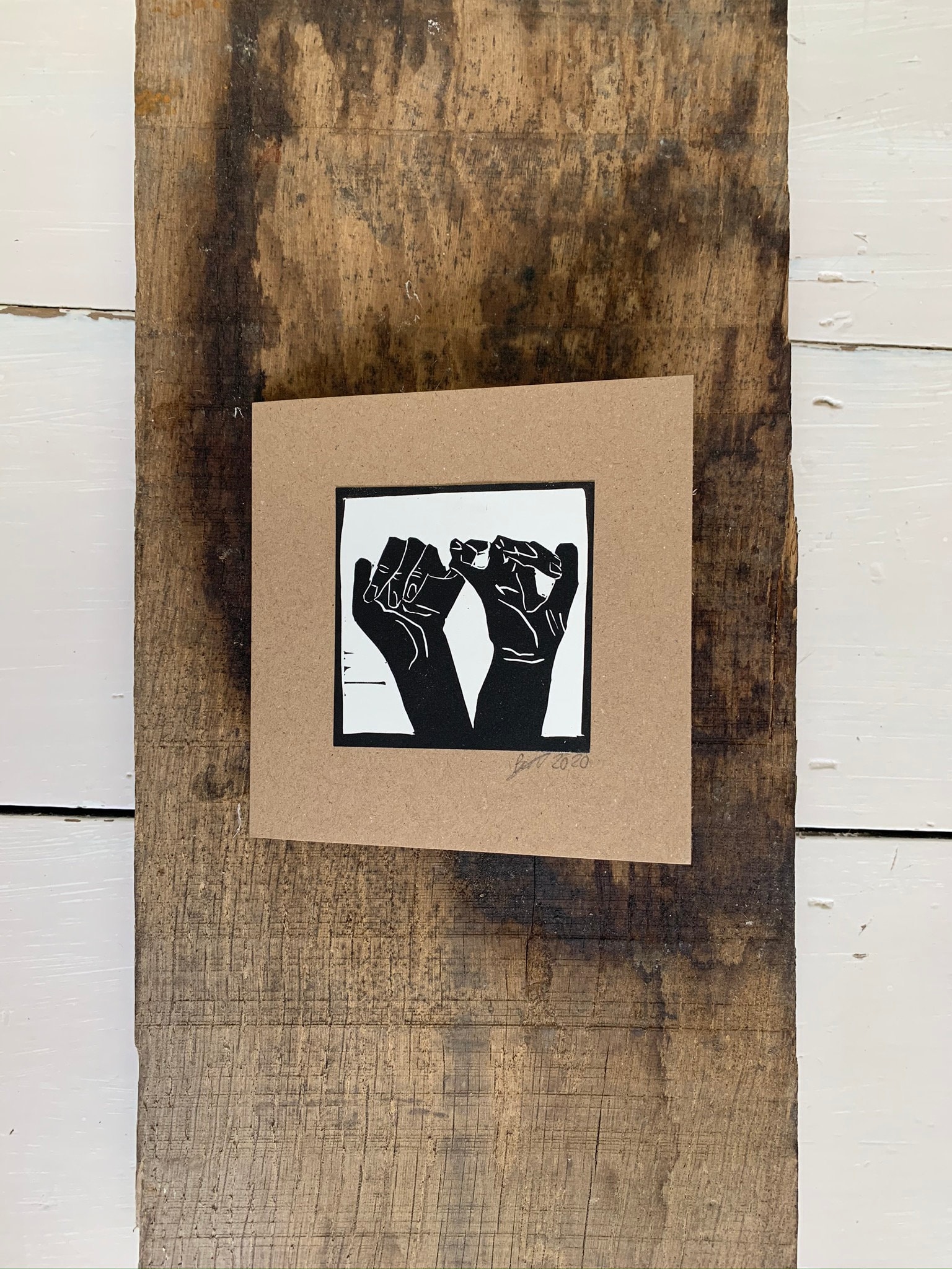 Interlocked Hands // Hand Printed Linocut on Recycled Brown | Etsy