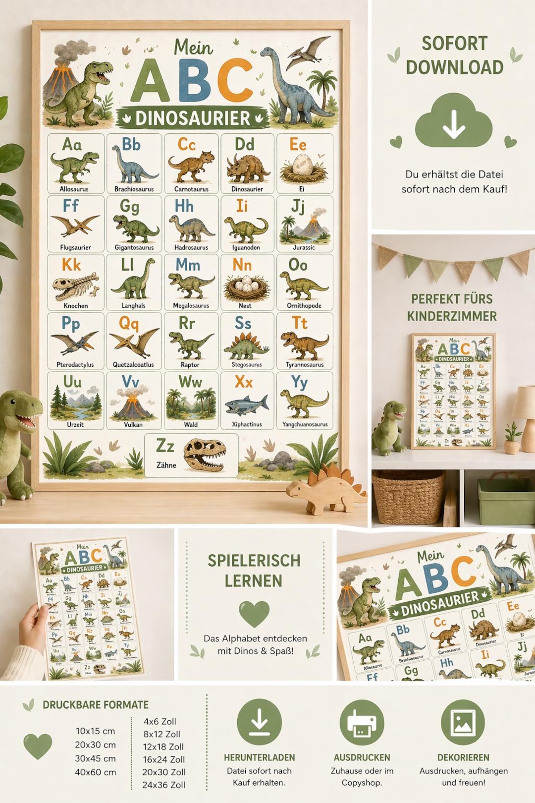 ABC Poster Dinosaur for Kids, Alphabet Poster Dinosaur, Children's Room ...