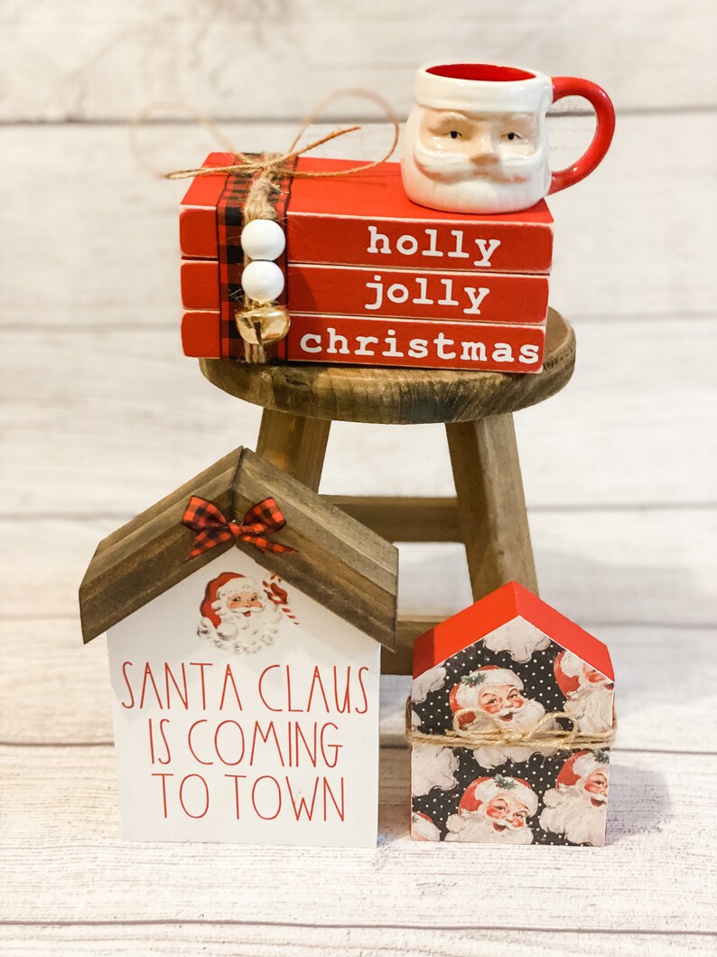 Santa Wooden Books Mini Book Stack Christmas Wooden - Etsy