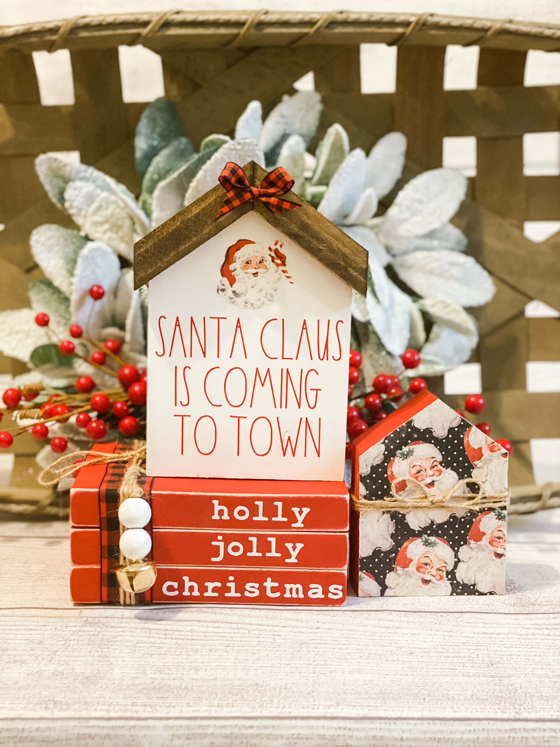 Santa Wooden Books Mini Book stack Christmas Wooden | Etsy