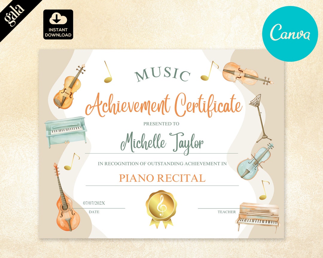 Certificate of Achievement for Music Recital, Printable Music Festival ...