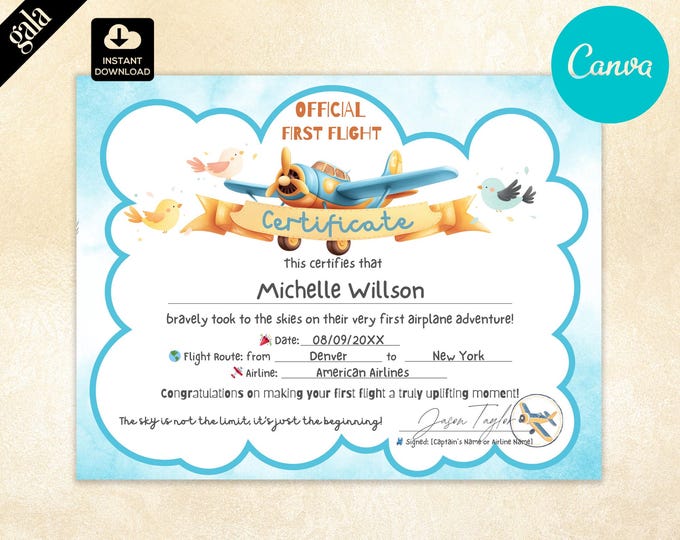 First Flight Certificate for Kids, Toddler's First Flight Award, First ...