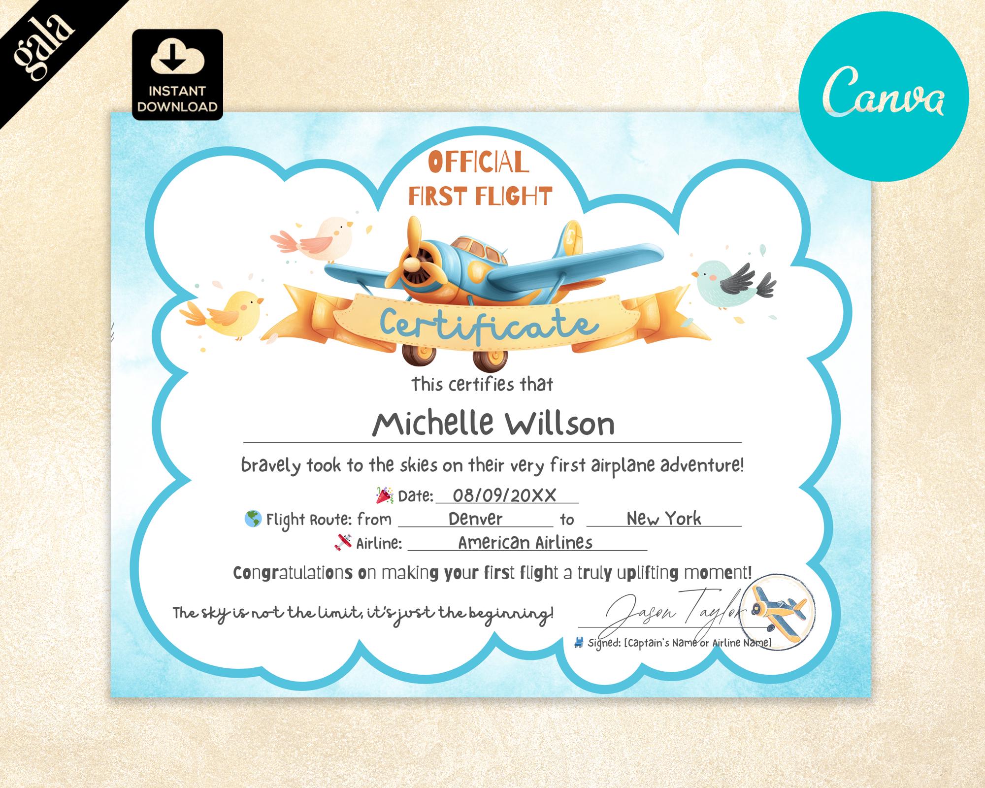 My First Flight Certificate, Airplane Flying Diploma Plane Certificate ...