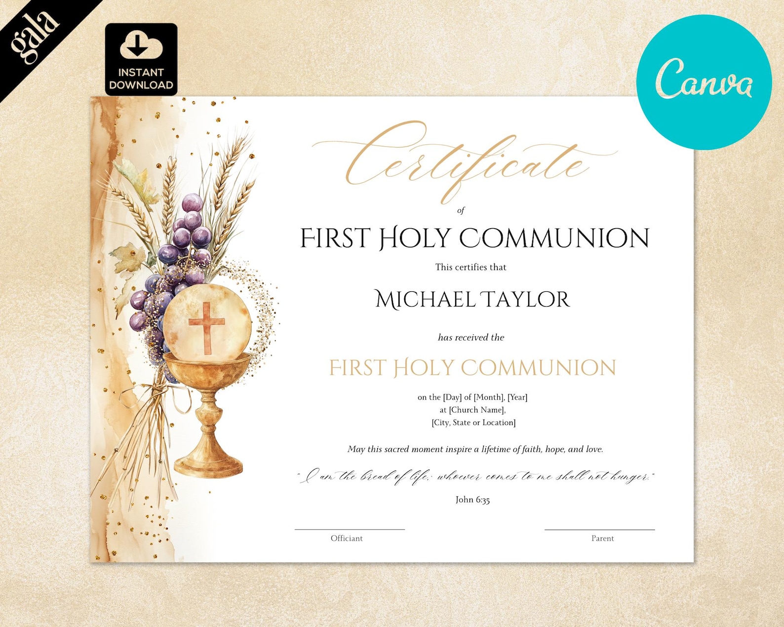 First Holy Communion Certificate Template | Editable Canva Church ...