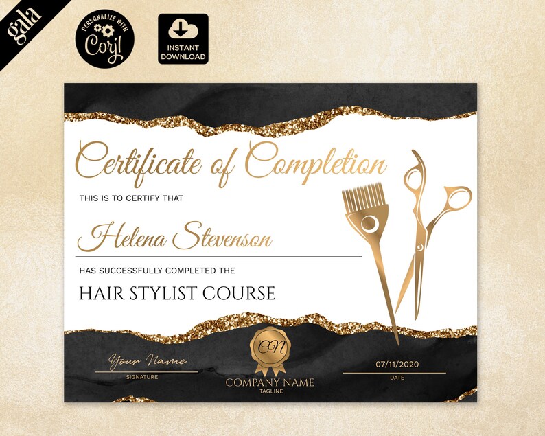 Hair Stylist Certificate of Completion: Agate Gold Design (digital ...