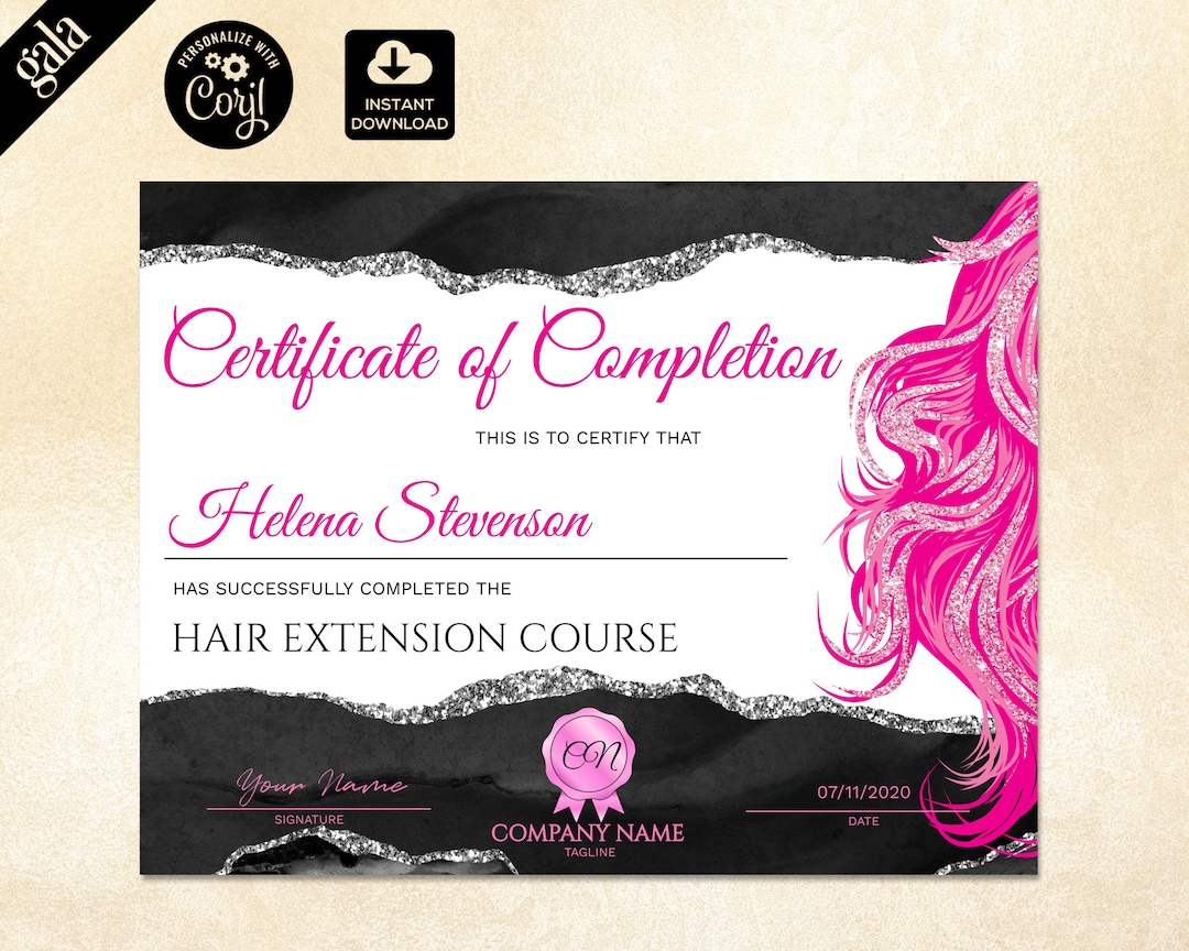 Certificate of Completion, Hair Extension Certificate Template, Pink ...