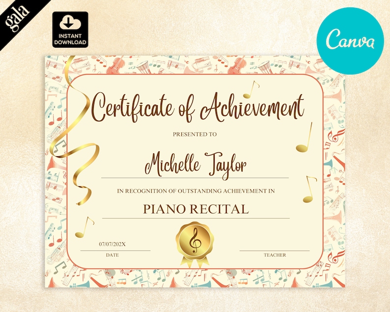 Music Recital Certificate of Achievement: Printable Canva Template (DIY ...