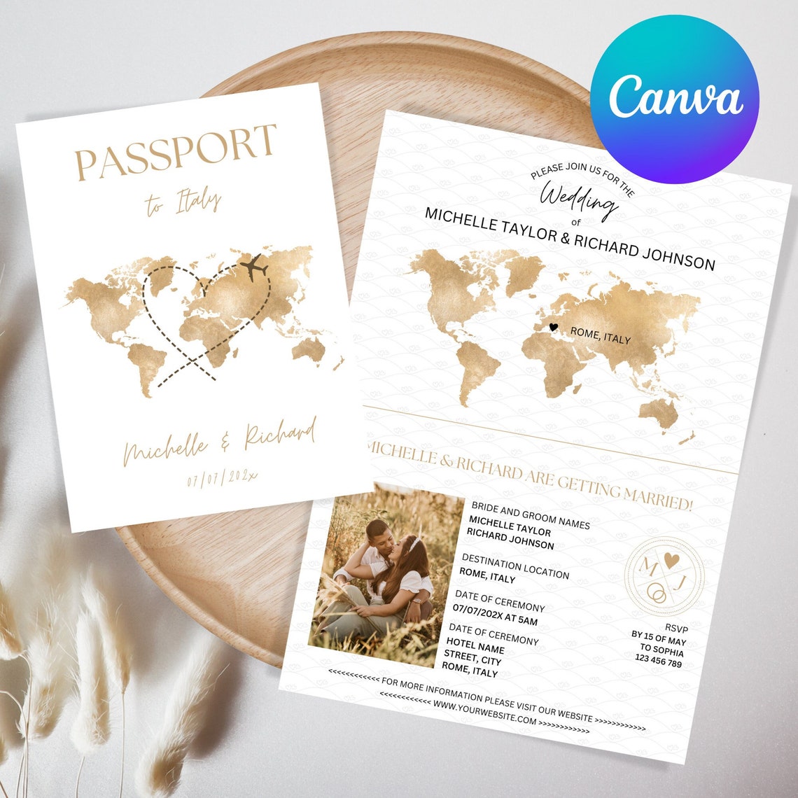 Passport Wedding Invitation Canva Template Destination - Etsy