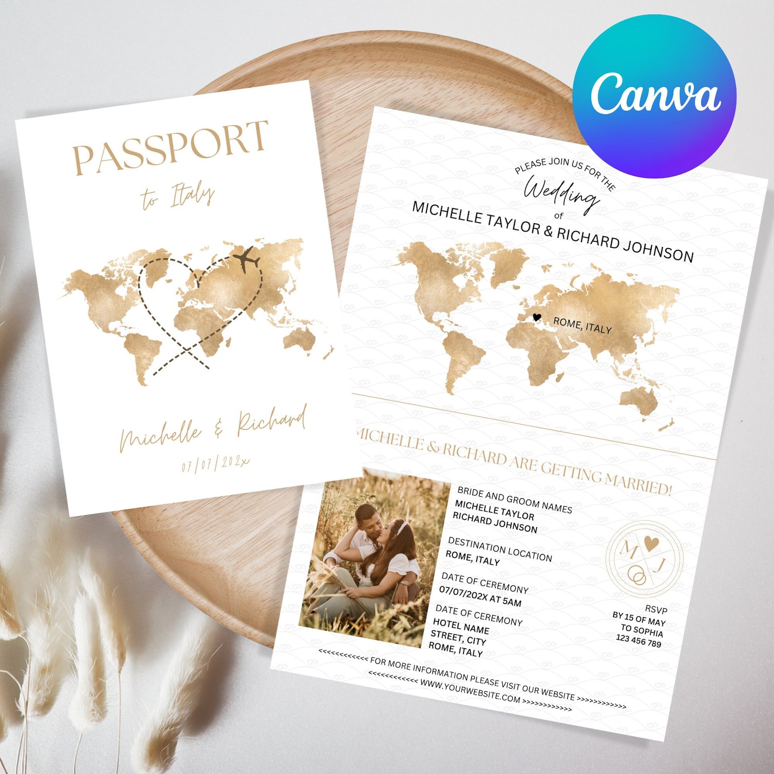 Passport Wedding Invitation Canva Template Destination - Etsy