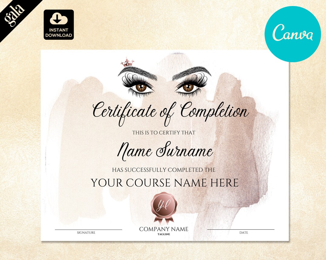 Certificate of Completion, Training Certificate Template, Lashes Beauty ...