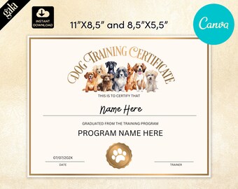 Dog Puppy Training Certificate Template, Editable in Canva, Printable ...