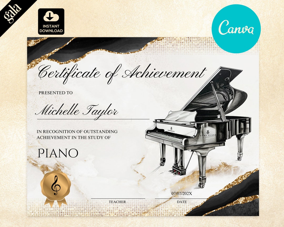 Piano Certificate of Achievement Template: Canva Editable (8.5x11") - Etsy