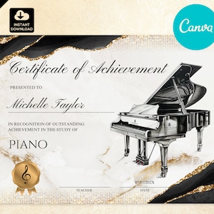 Piano Certificate of Achievement Template: Canva Editable (8.5x11") - Etsy
