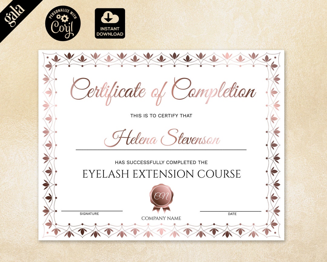 Certificate of Completion, Lashes Certificate Template, Blush Pink ...