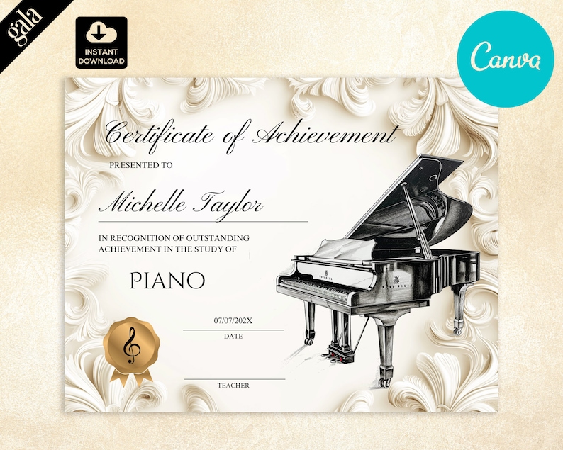 Certificado de logros de piano imprimible, plantilla de recital de ...
