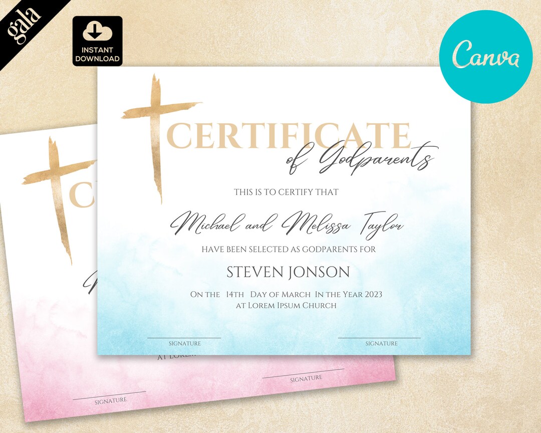 Editable Baptism Godparents Certificate for Godmother and Godfather CAN ...