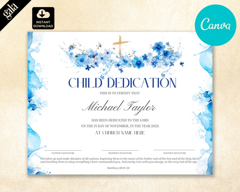 Child Dedication Certificate Template: Church Baptism Gift (DIY Canva ...