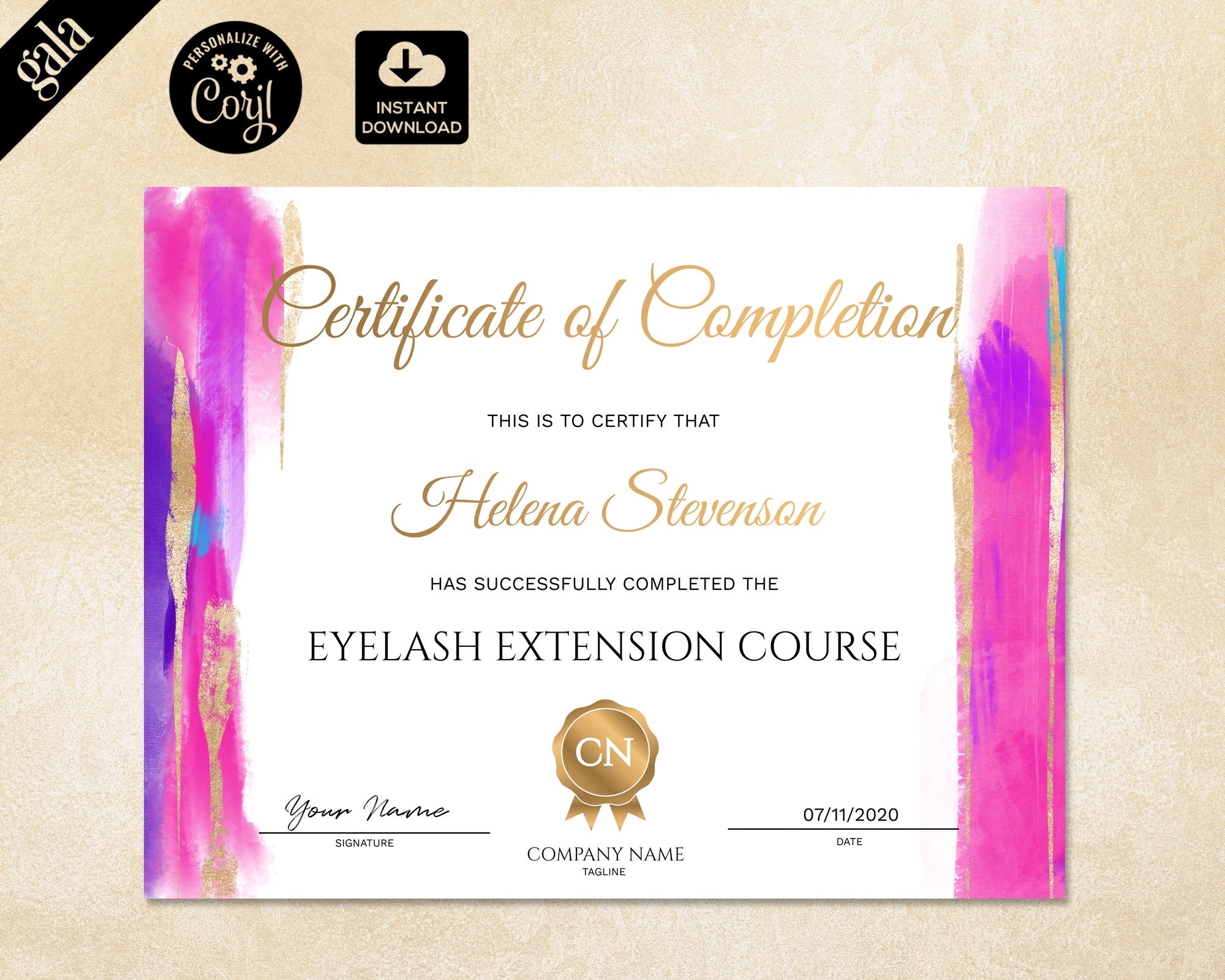 Certificate of Completion Lashes Certificate Template pink | Etsy