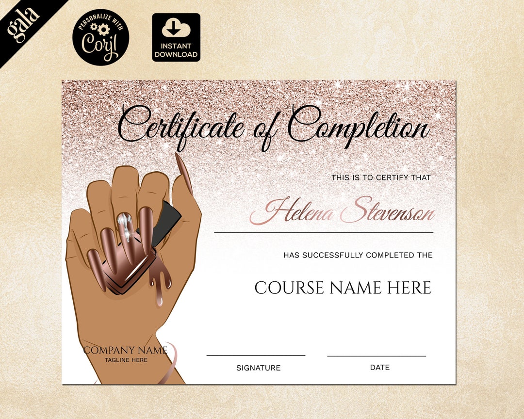Nail Technician Certificate Template: Rose Gold Glitter (digital ...