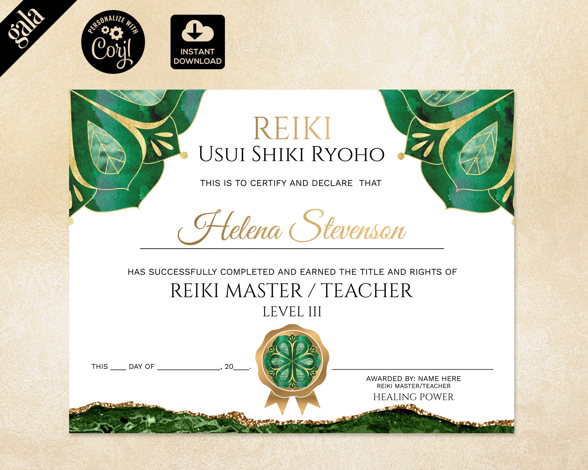 Reiki Certificate Template Reiki Certificate Printable Yoga - Etsy