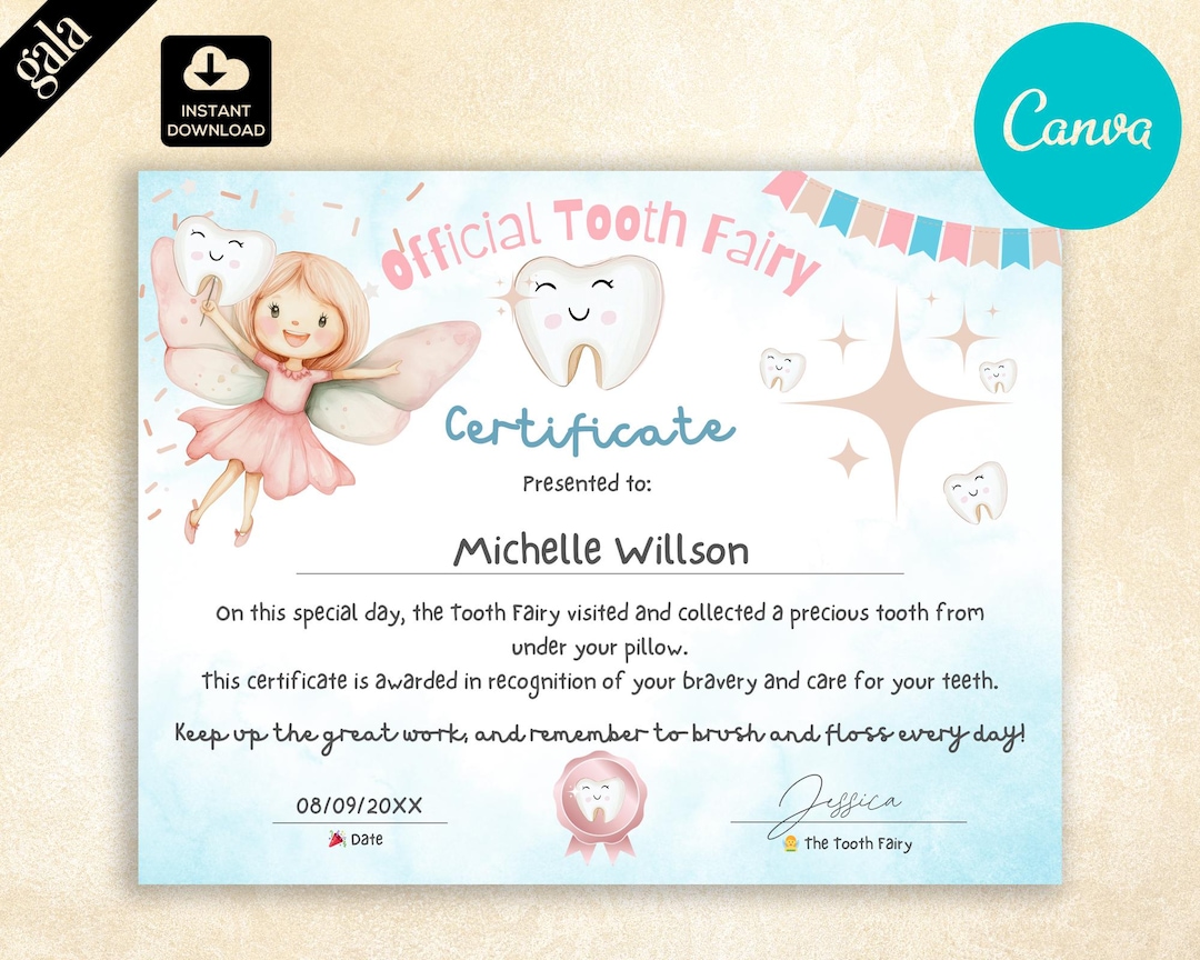Printable Tooth Fairy Certificate Template for Girls Lost Tooth 001 - Etsy