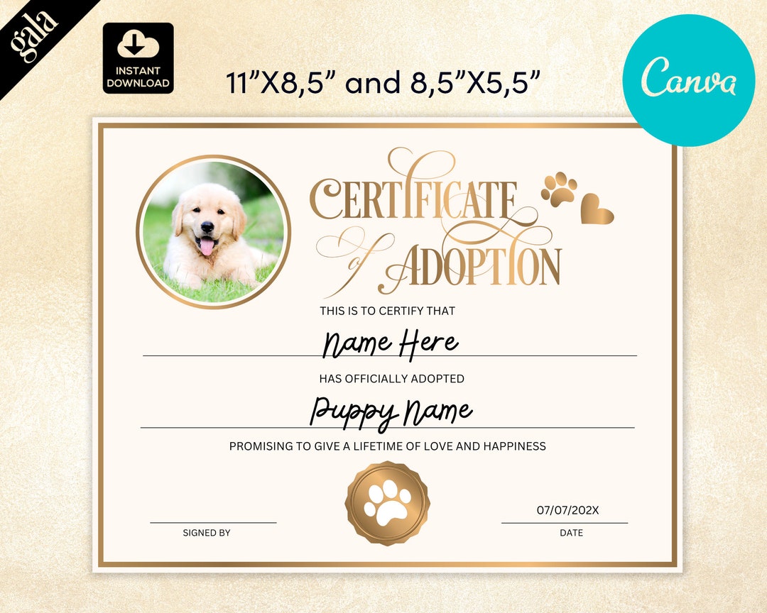 Dog or Puppy Adoption Certificate With Photo or Paw Print, Editable ...