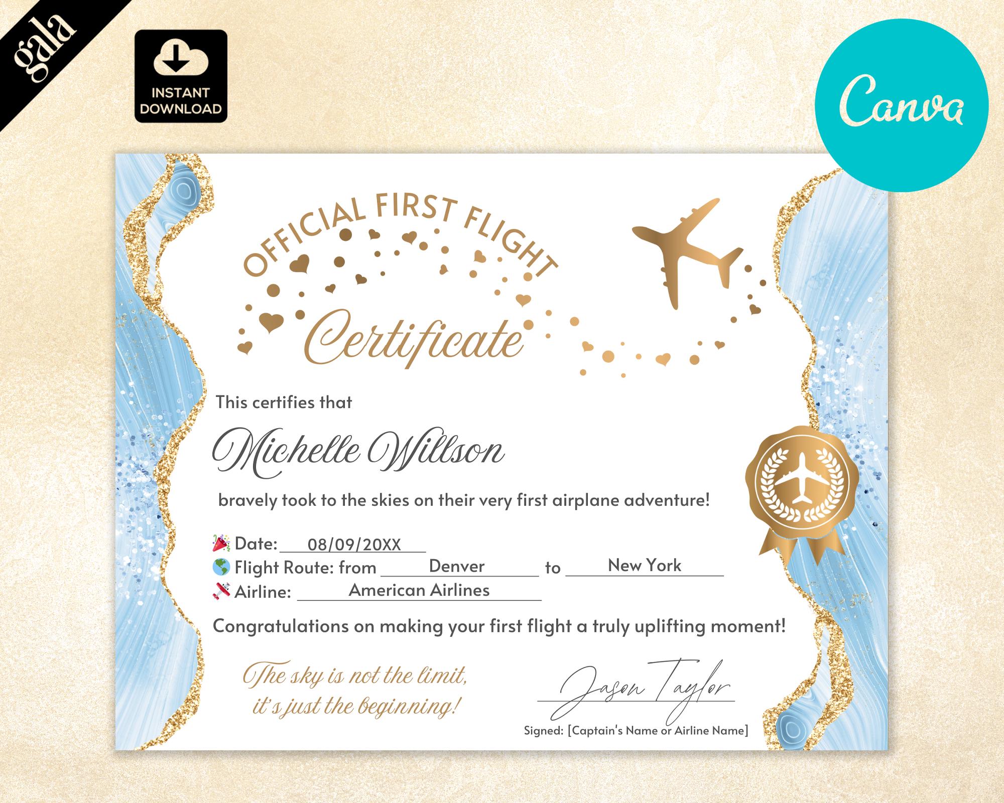 My First Flight Certificate, Airplane Flying Diploma Plane Certificate ...