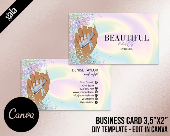 Nails Business Card Design DIY Canva Holographic Nail Artist | Etsy