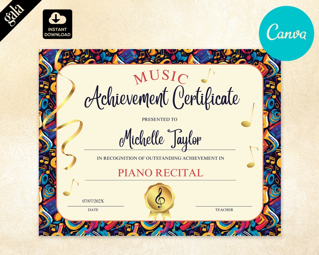 Certificate of Achievement for Music Recital, Printable Music Festival ...
