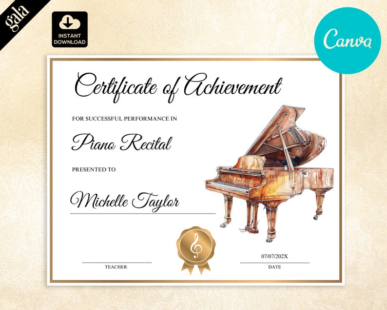 Certificado de logro de piano editable: Plantilla de Canva (8,5 x 11 ...