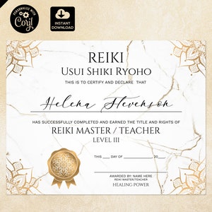 Reiki Certificate Template, Reiki Certificate Printable, Yoga Teacher ...
