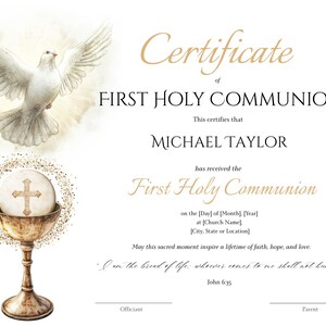 First Holy Communion Certificate Template: DIY Printable (canva) - Etsy